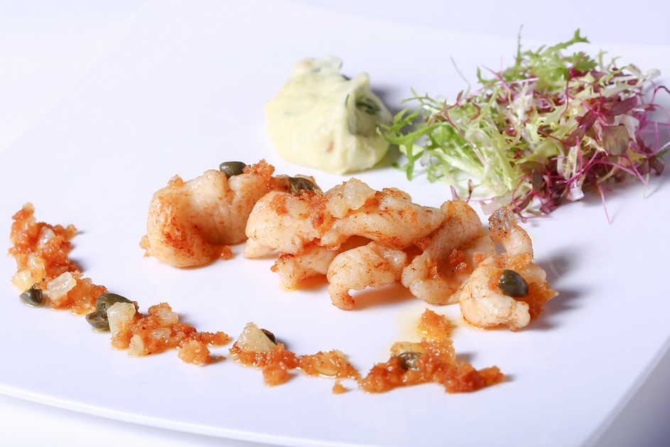 Dover sole goujonette “ grenobloise sauce. Baux olive mash potato ...